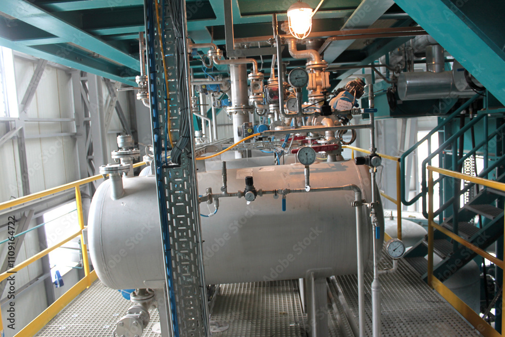 Industrial equipment. Stainless steel tanks with monometers. Fragment ...