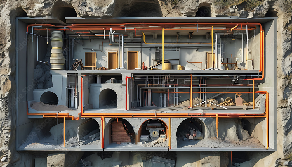 Cross section of building showing detailed plumbing and electrical ...
