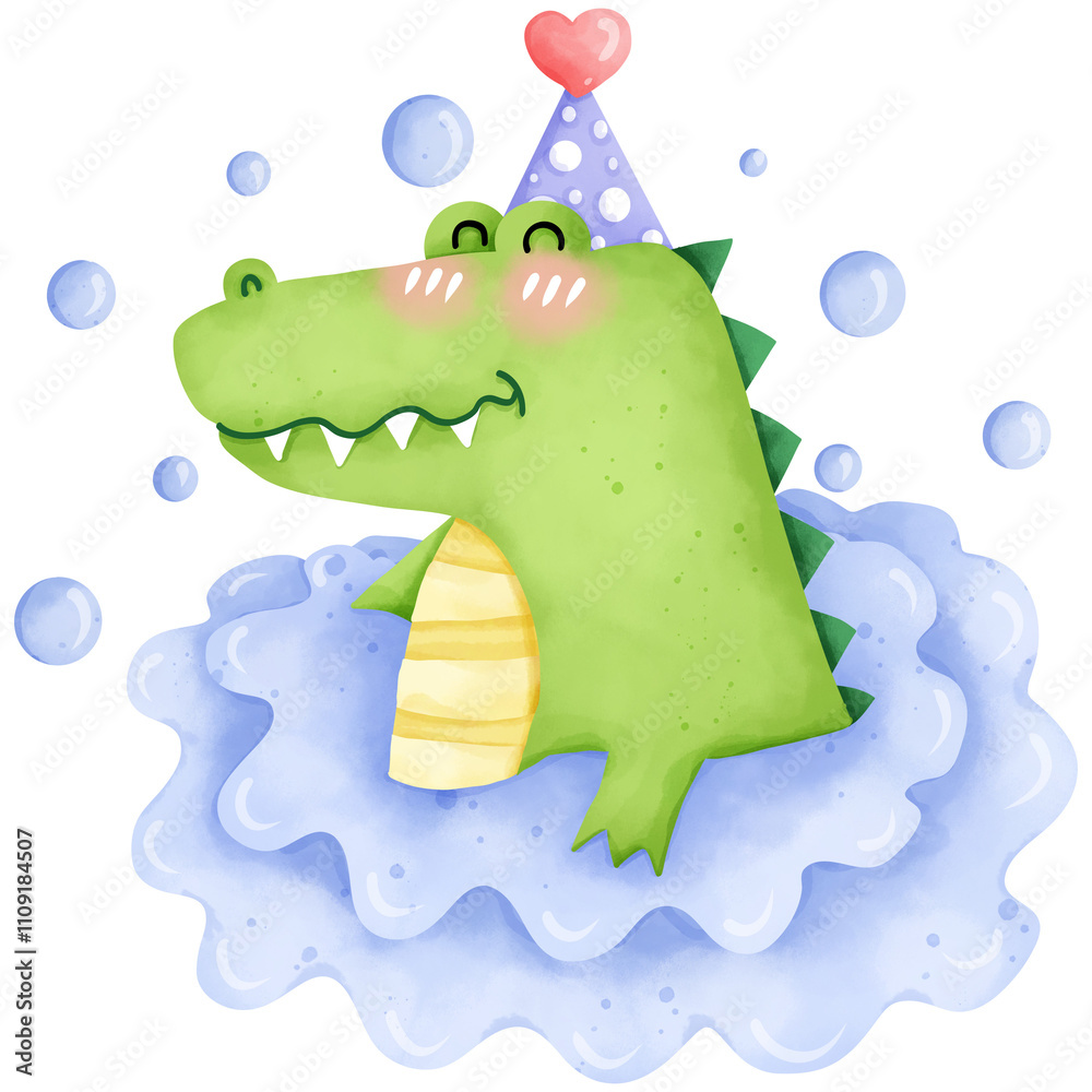 Cartoon crocodile on birthday party, hand drawn watercolor Stock ...