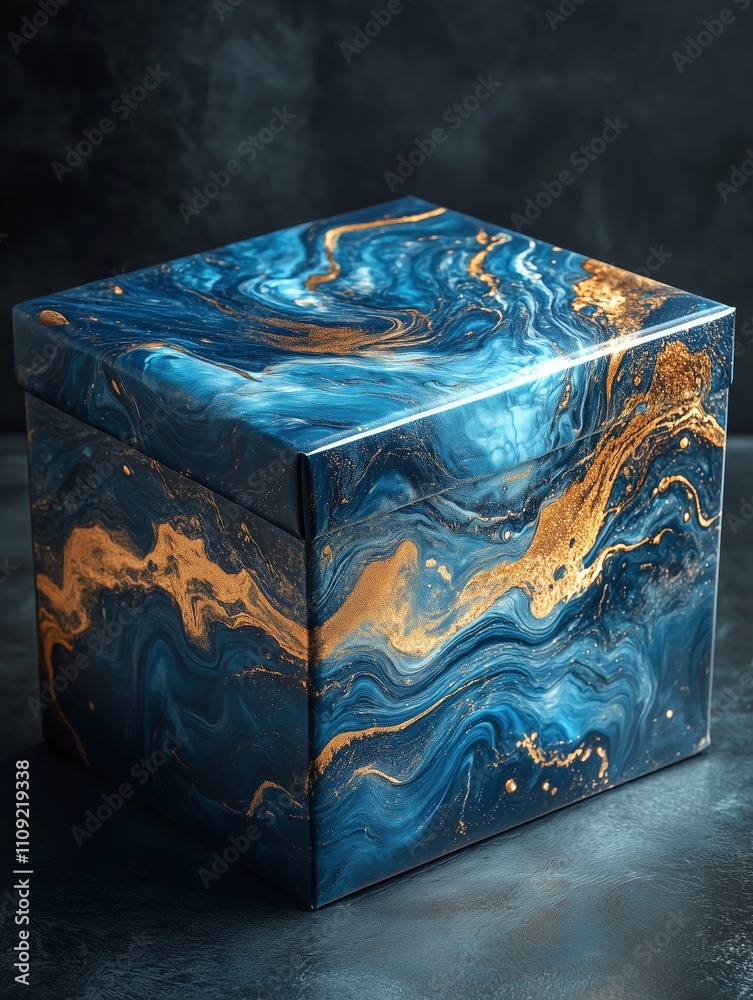 Marbled Elegance: Blue and Gold Gift Box with Abstract Design Stock ...
