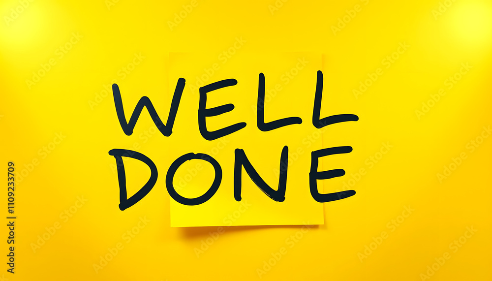 WELL DONE text on yellow sticky on board background with a white accent ...