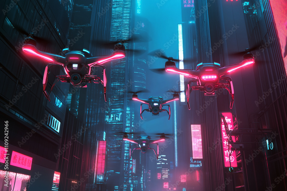 Futuristic police drones flying over a dystopian city, scanning the ...