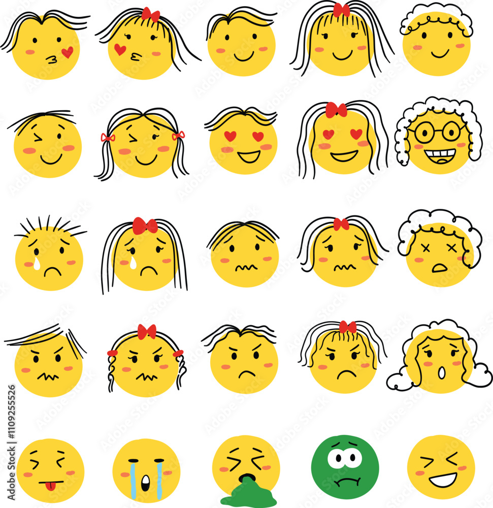 set of emoticon couple girl boy woman man cute curly hair emoji smiley ...