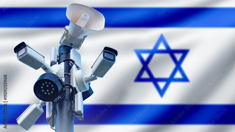 CCTV cameras with Israel flag. Pole with video surveillance equipment ...