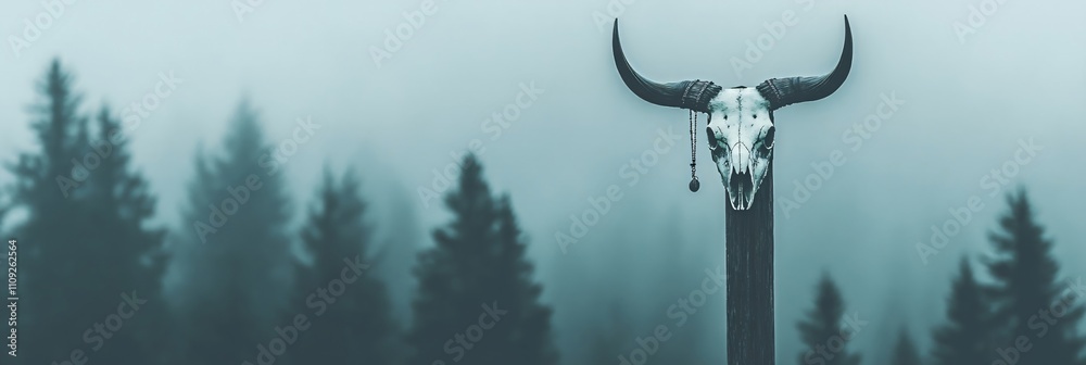 Elk or deer skull with horns hanging on a pole. Sacred pagan totem ...