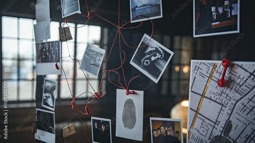 Detective Board with Fingerprints, Photos, Map, and Clues Connected by ...