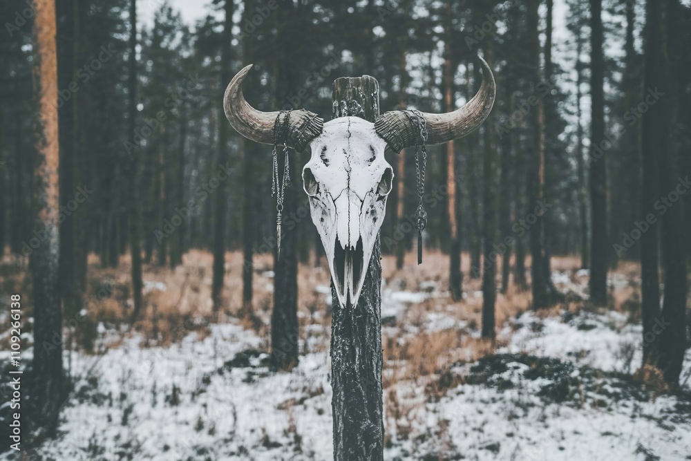 Elk or deer skull with horns hanging on a pole. Sacred pagan totem ...