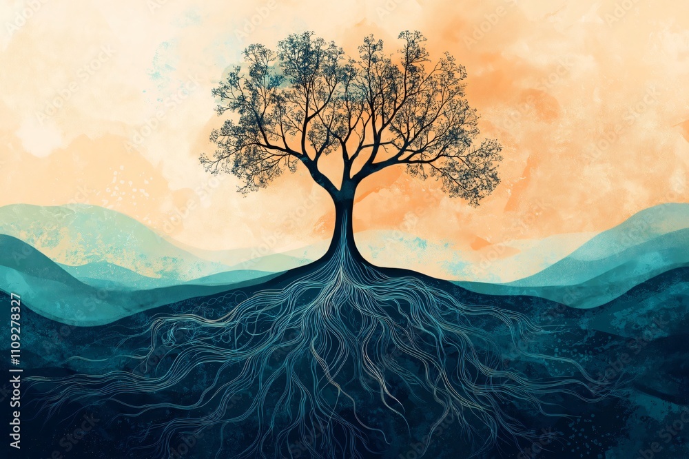 Abstract tree is growing on a hillside with its intricate root system ...