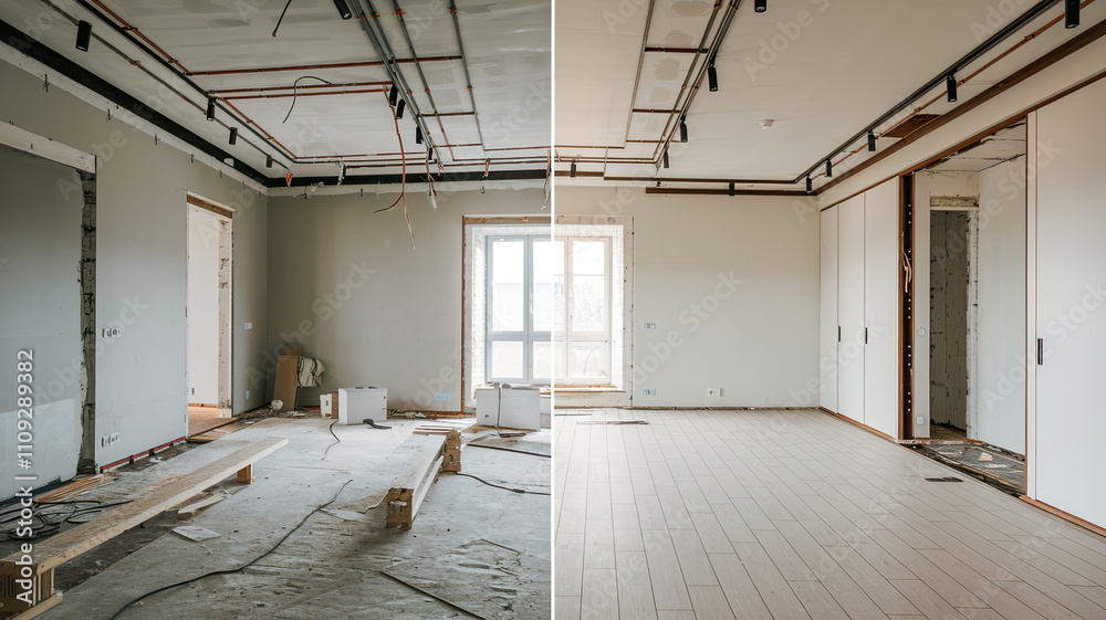 Renovated rooms with spacious windows and heating systems, both before ...