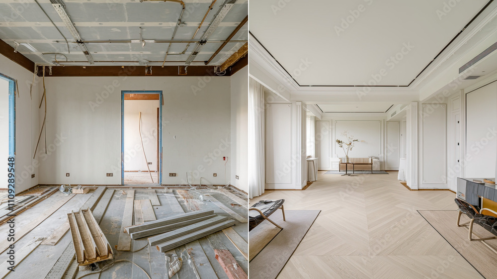 Renovated rooms with spacious windows and heating systems, both before ...