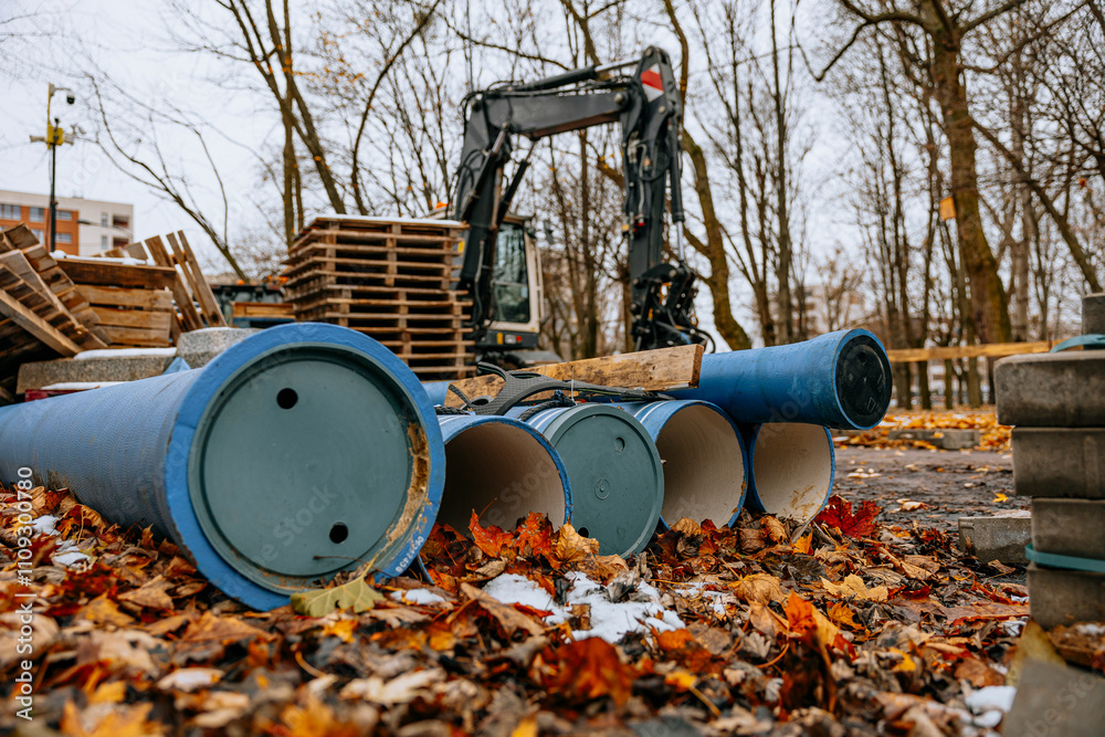 Plastic pipe for wastewater and water piping lies on the construction ...