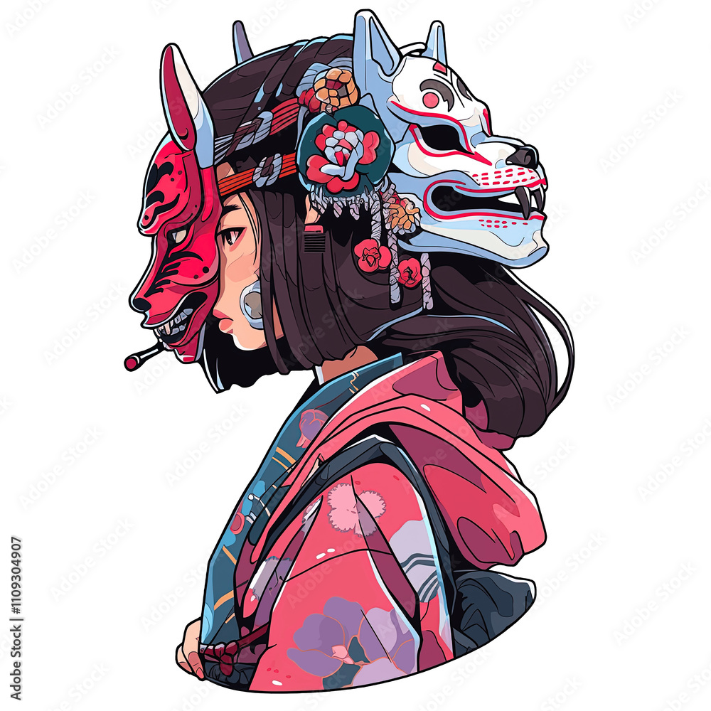 A stylized anime girl in profile view wears a red fox mask and a white ... A stylized anime girl in profile view wears a red fox mask and a white ...