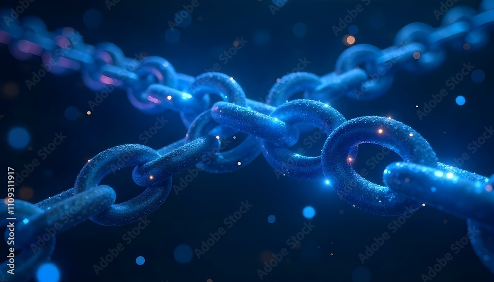 Blockchain technology depicted with luminous chains intricately twisted ...