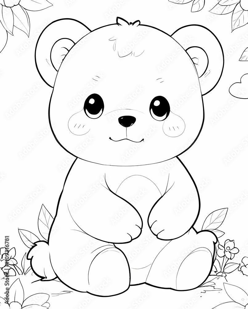Cute Chibi Bear Line Art Coloring Page for Kids with Big Eyes, Playful ...