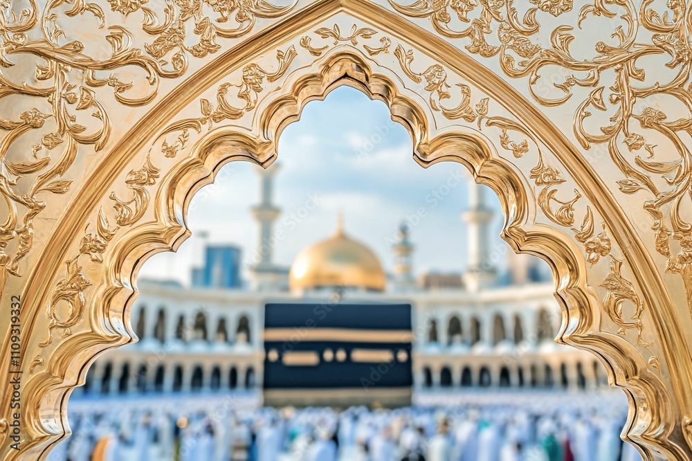Architectural Focus on Ornate Golden Framing with View of Kaaba ...