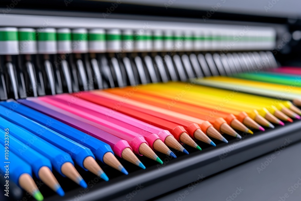 A vibrant image of a CMYK color chart spread on a printer table ...