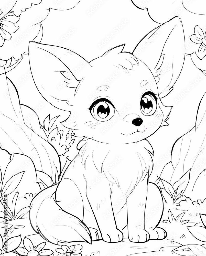 Cute and Playful Chibi Fox Line Art Drawing Coloring Page for Kids with ...