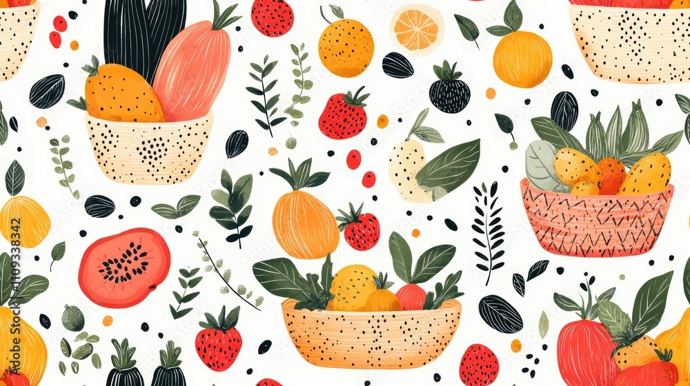 Seamless pattern of hand drawn fruit and vegetable baskets colorful and ...