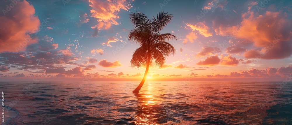 HDRI Panorama: Tropical Island Sunset with Silhouetted Palm Tree ...
