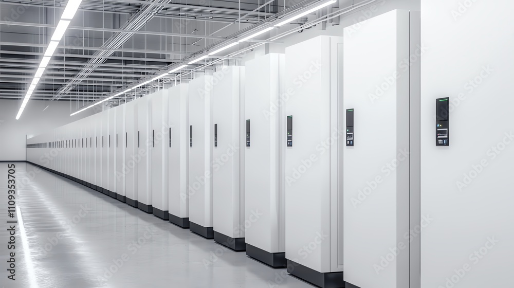 Modern data center with rows of white server racks and overhead cabling ...