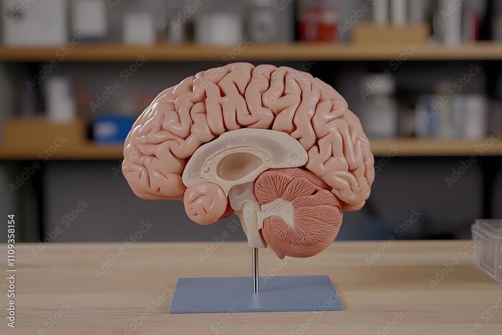 A detailed model of the human brain set against a simple, blurred ...