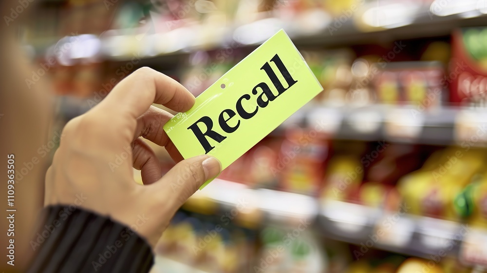 Hand holding a "Recall" sticker on a packaged food item, highlighting ...
