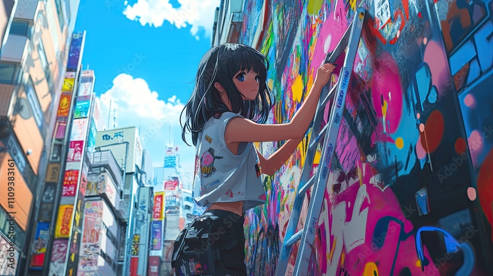 In a vibrant urban landscape a stylish anime girl skillfully uses a ...