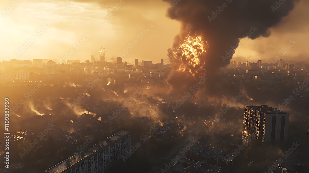 Massive explosion engulfs a city at sunset, creating a fiery ...