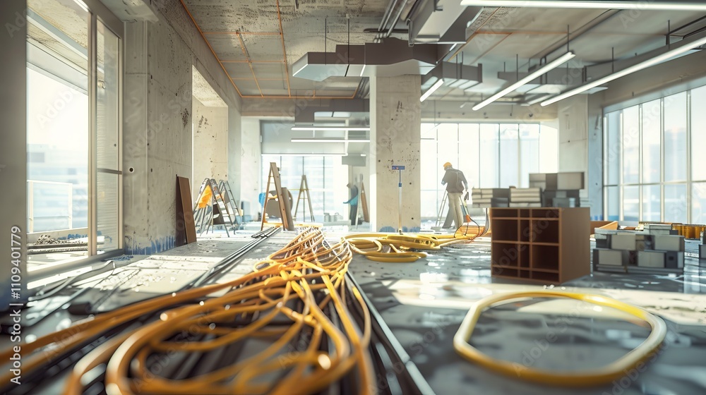 Hyper realistic image of a skilled electrician installing cables in a ...