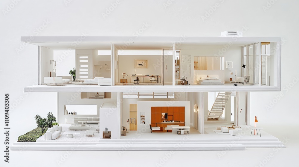 Technical cross-section of a white modern home with minimalist design ...