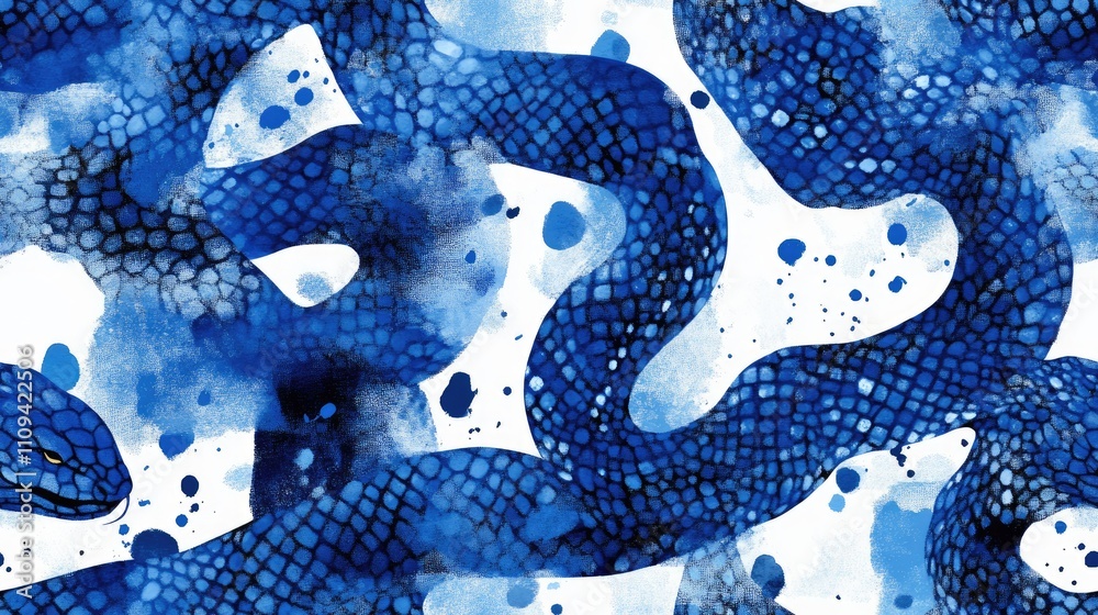Indigo snake print seamless pattern with acrylic paint spots modern ...