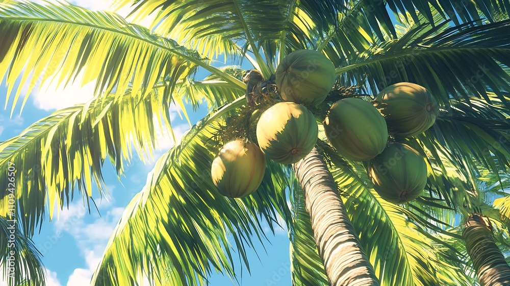Lush green coconut palm tree with ripe coconuts under a sunny sky ...