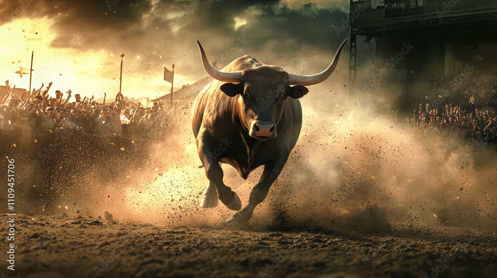 A powerful bull charges through a dusty arena as spectators cheer under ...