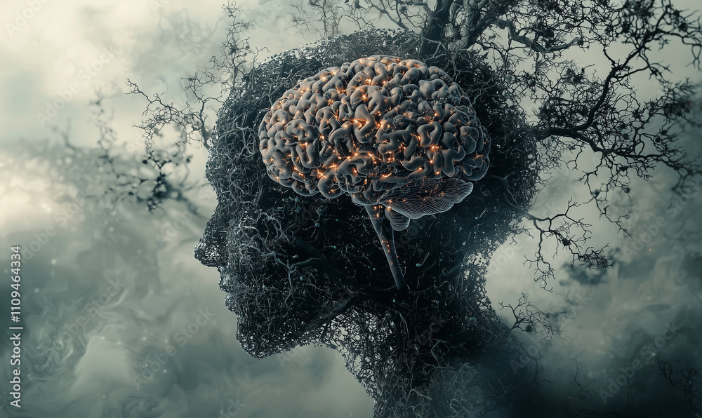 Artistic depiction of Alzheimer’s disease affecting the brain, showing amyloid plaques and ...