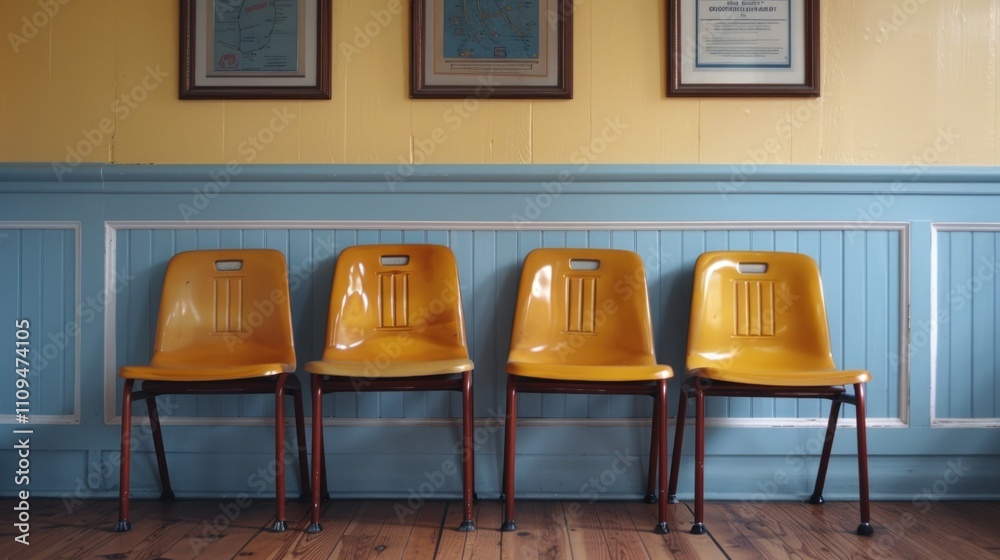 Four yellow chairs in a waiting room with blue wainscoting and framed ...