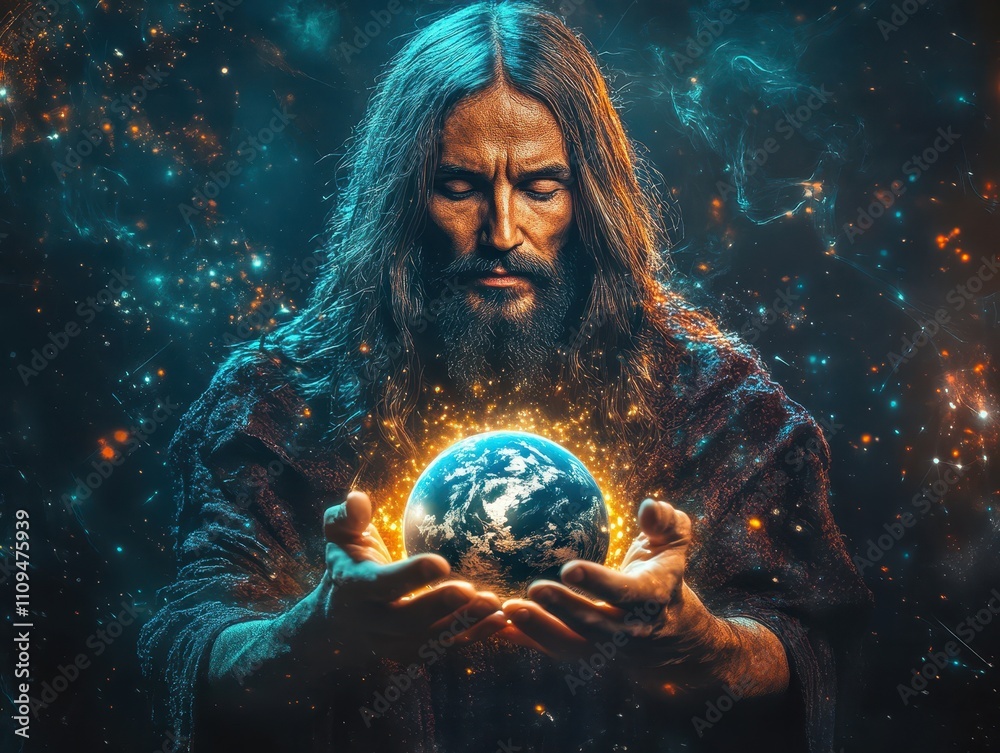 Radiant cosmic Jesus with a glowing Earth resting in his hands, a ...