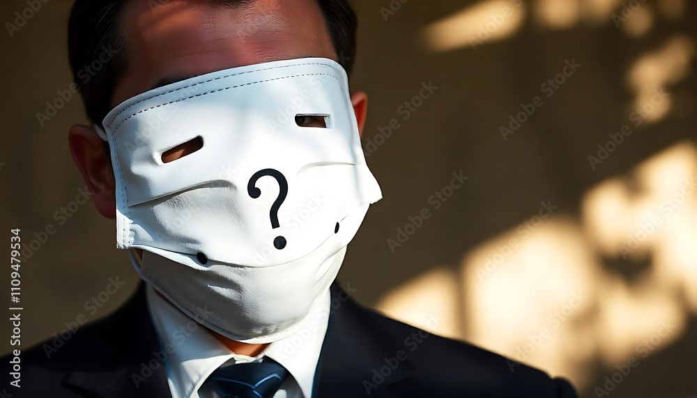 A white mask with a question mark on the face, worn by a person in a ...
