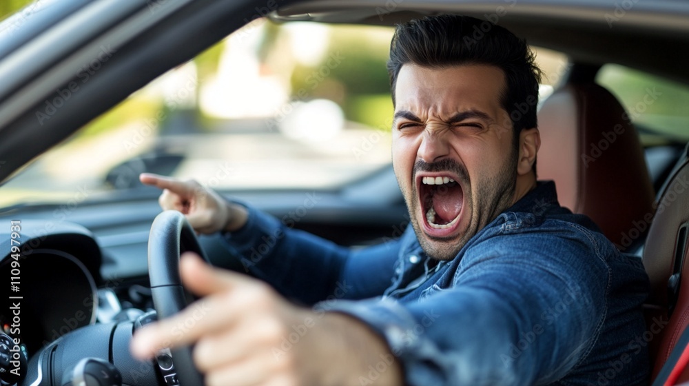 Enraged driver yelling and gesturing aggressively while behind the ...