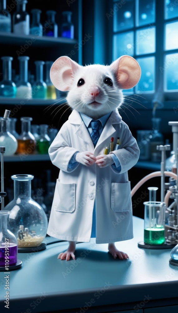 illustration of a humanoid white mouse in a lab coat studying and ...
