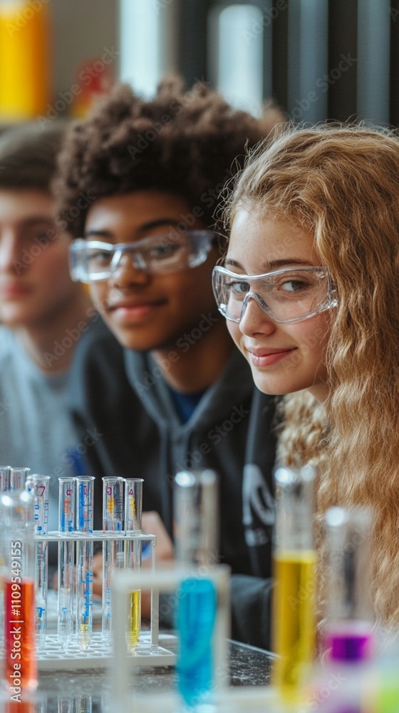 Diverse group of high school students wearing safety goggles smile ...