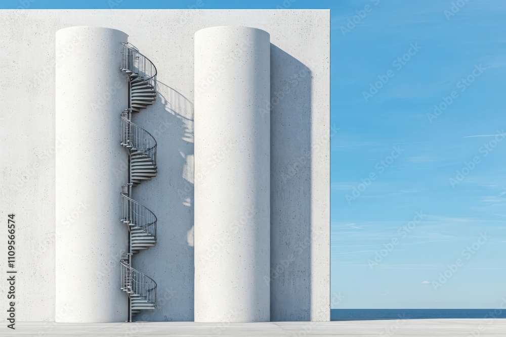 silo & tank warehouse concept. Tall silos with spiral staircases and ...