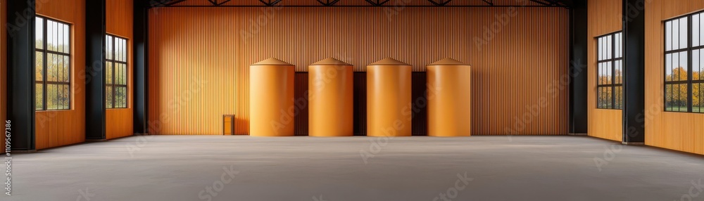 silo & tank warehouse concept. Grain silos inside warehouse with ...