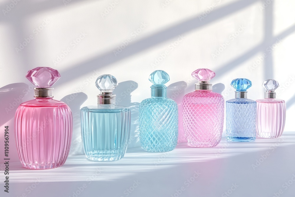 pastel color transparent perfume bottle on white background Stock Photo ...