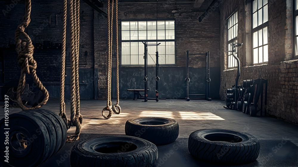 rustic gym with exposed brick walls, climbing ropes, and open spaces ...