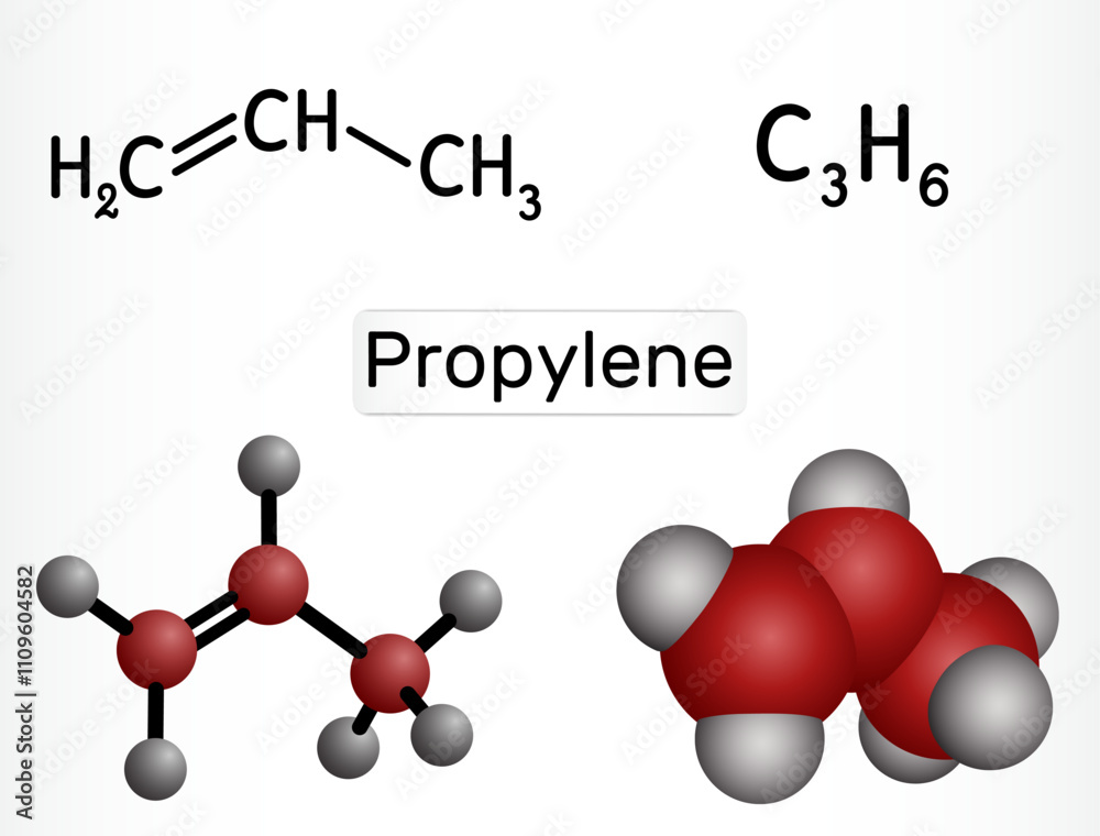 Propylene alkene molecule. Structural and 3D molecular model of propene ...
