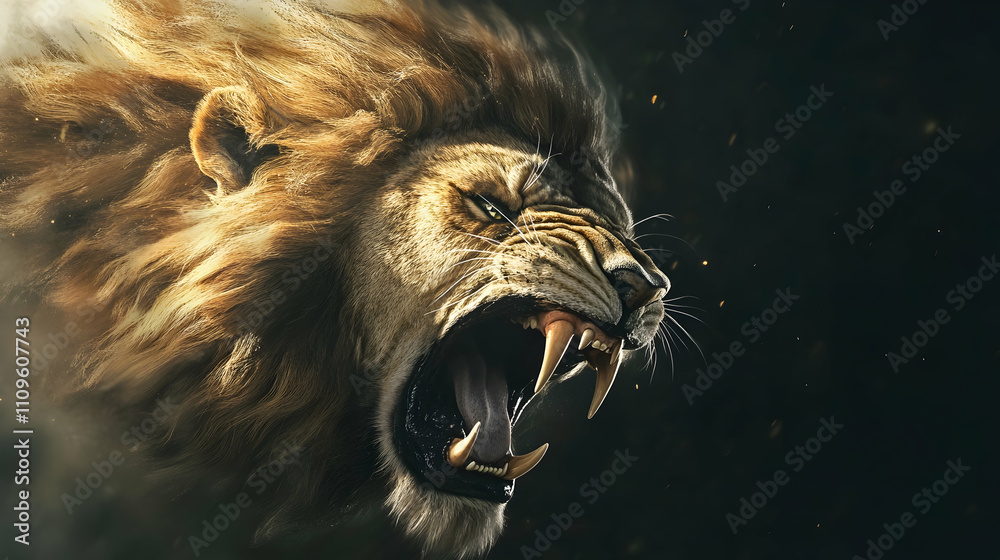 A roaring lion with its mane flowing, displaying its dominance and ...