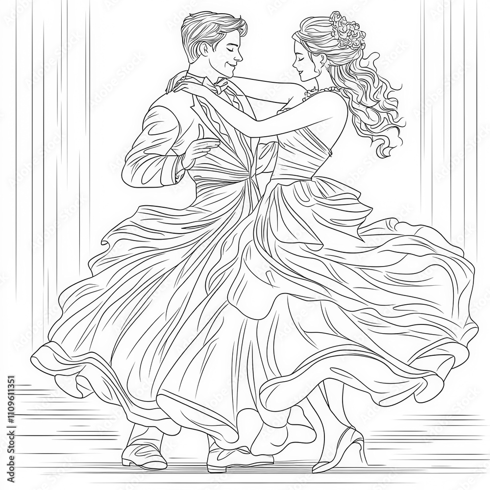 An elegant ballroom filled with dancing couples, anime coloring page ...