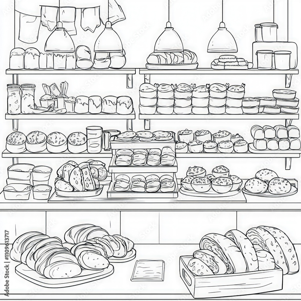 A charming bakery with fresh bread and pastries, coloring page for kids ...