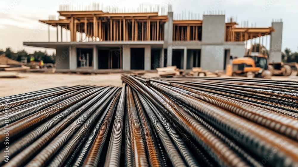 Steel rebar alongside construction site with workers and equipment ...
