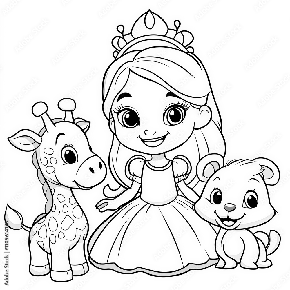 A princess playing with her animal friends, coloring page for kids ...